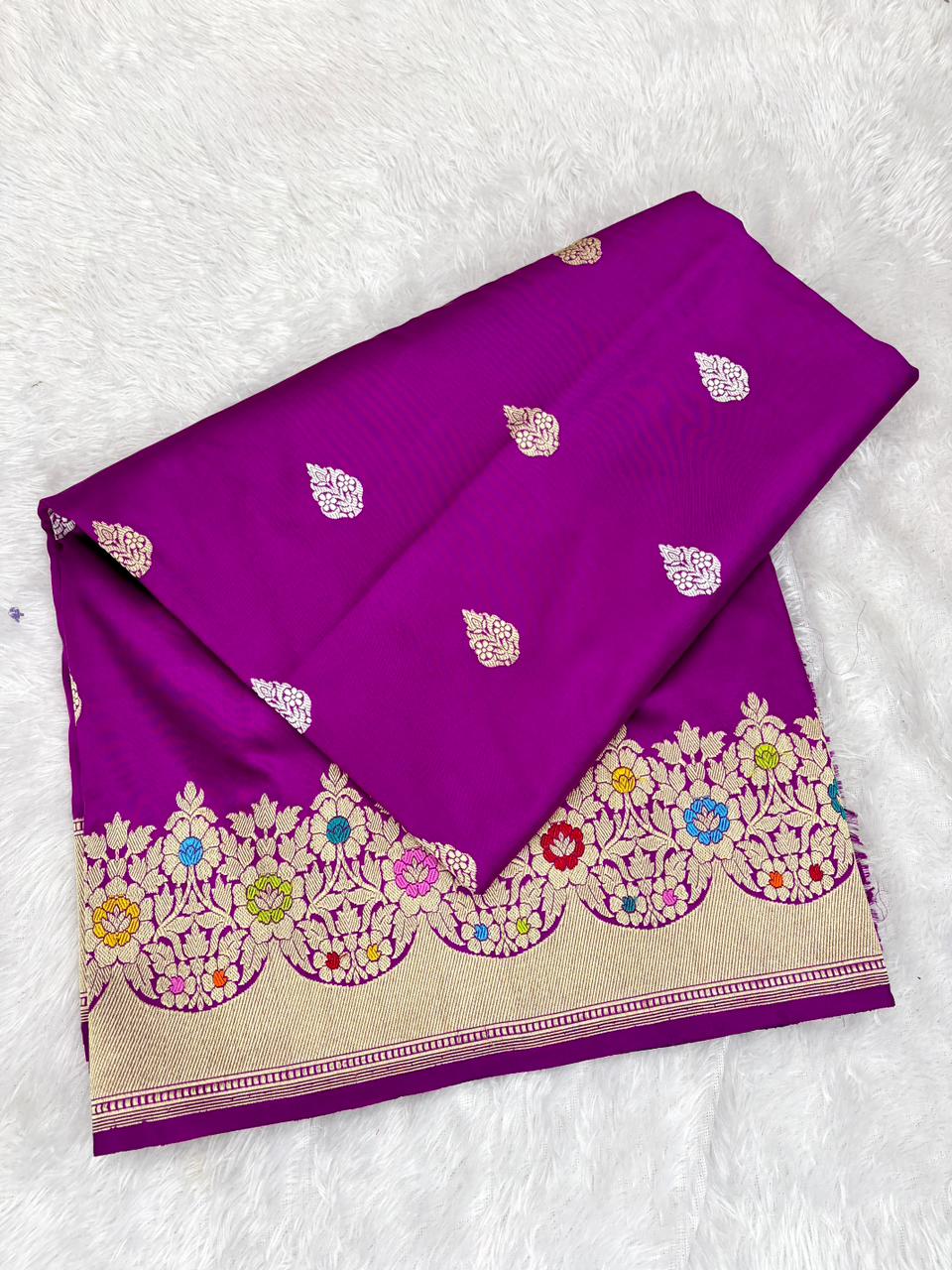 Imperial Violet Meenakari Handloom Banarasi Silk Saree with Antique Za
